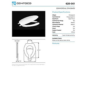 Centoco Toilet Seat Elongated, Cover, Open Front, Plastic, Regular Duty Residential or Light Weight Commercial Use, Made in the USA, Heavy Duty Hinge, 620-001, White