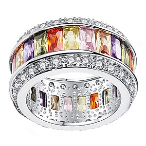VPKJewelry 18K Gold Plated Rainbow Ring Wedding Band for Women Ladies Emerald Cut Multi Color Created-Gemstone Eternity Ring (Multicolor, 9)