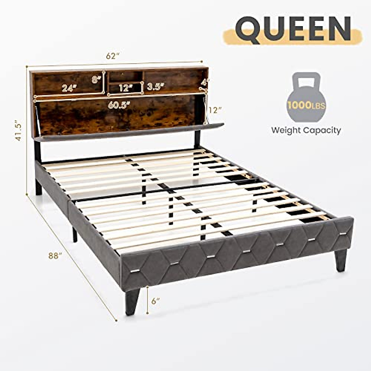 KOMFOTT Upholstered Queen Bed Frame with Storage Headboard, Platform Bed Frame with Open Shelves & Hidden Storage Space, Mattress Foundation with Plywood Slat Support, No Box Spring Needed