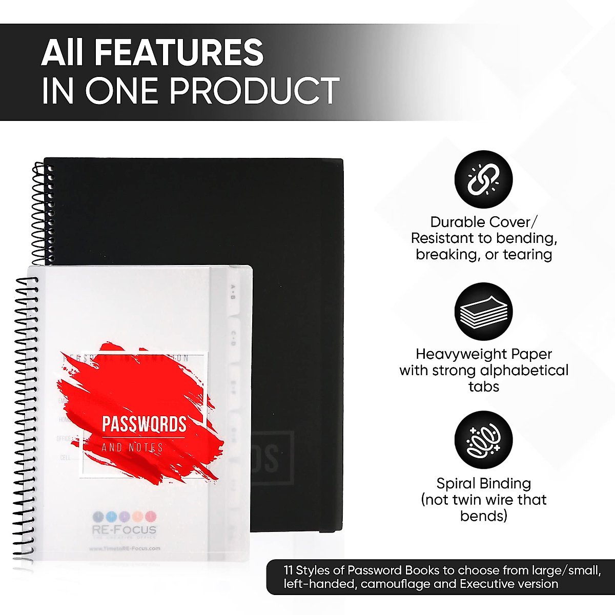 RE-FOCUS THE CREATIVE OFFICE, Password Book Keeper, Black, Small, Mini, Alphabetical Tabs, Spiral Bound, Removable Sheets, Journal Organizer, Includes, Website, Address, Username, Password