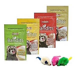 Marshall Bandit Ferret Treats - Includes Marshall Ferret Bandit Treats and Ferret Toy - Ferret Vitamins - 3oz Sealable Bags of Banana Treats, Bacon, Chicken, Peanut Butter and Raisin Flavor