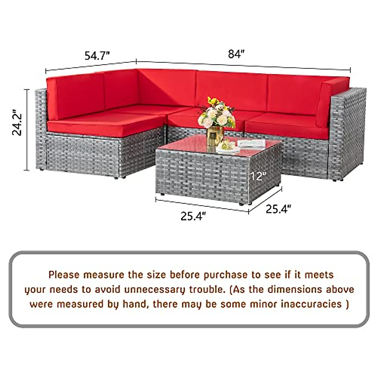 Shintenchi 5 Pieces Outdoor Patio Sectional Sofa Couch, Silver Gray PE Wicker Furniture Conversation Sets with Washable Cushions & Glass Coffee Table for Garden, Poolside, Backyard (Red)
