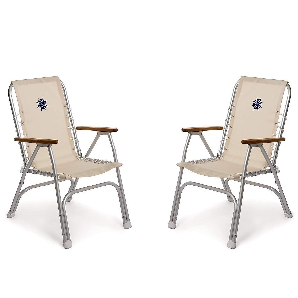 FORMA MARINE Boat Chairs High Back Off-White Deck Folding Marine Aluminum Teak Furniture Set of 2 M150W