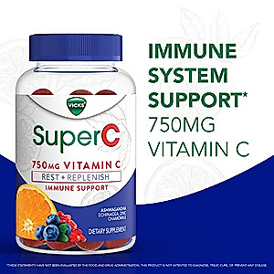 Vicks SuperC Vitamin C Gummies, Rest & Replenish, Immune Support (Vitamin C, Ashwagandha, Echinacea, Chamomile) Citrus Berry Flavored, 36 Gummies