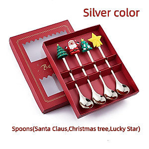 Christmas Coffee Spoons Coffee Stirrers Cake spoon Premium Stainless Steel Ice Tea Spoons, Ice Cream Spoon, Cocktail Stirring Spoons Set of 4（Silver colorr）