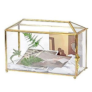 ELAINESTORE Wedding Card Box with Lock for Reception, Clear Gold Card Box, Graduation Card Box, 12.6 x 5.9 x 9 Large Card Gift Box for Party, House Shape Geometric Terrarium Box
