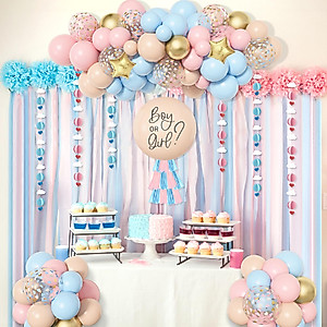 Ouddy Party Gender Reveal Decorations, Pastel Pink and Blue Nude Confetti Balloons Arch Kit Star Hanging Cloud Garland Paper Tassels He or She Boy or Girl Gender Reveal Baby Shower Party Supplies