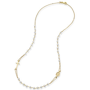 Miabella 18K Gold Over 925 Sterling Silver Handmade Italian White Freshwater Pearl Ball Beaded Sideways Rosary Cross Necklace for Women, Made in Italy (Length 18 Inch)