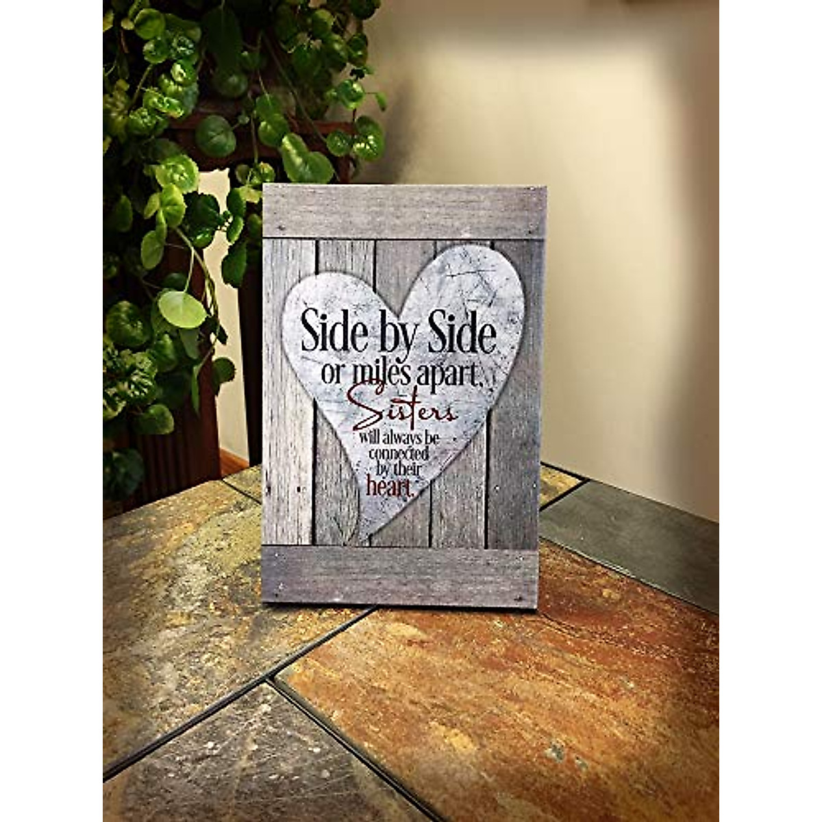 DEXSA Sisters Wood Plaque - Made in the USA - 6x9 - Classy Frame Wall & Tabletop Decoration | Easel & Hanging Hook | Side by Side or Miles Apart, Sisters Will Always be Connected by Their Heart