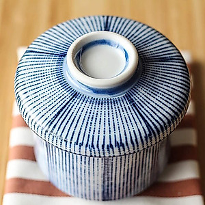 IPPINKA Japanese Porcelain Chawanmushi Cup with Lid, Seto-mono, Made in Japan, 105cc, Blue Hakeme Stripe