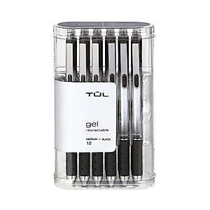 TUL Gel Pens, Retractable, Medium Point, 0.7 mm, Gray Barrel, Black Ink, Pack Of 12