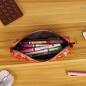 PurpleWillow Embroidered Small pencil case, pencil pouch,Portable Pencil Bag,Cosmetic Bag Coin Pouch,Office Stationery Organizer, woman,Adult (Orange-red)