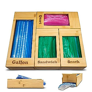 Simluxe Ziplock Bag Organizer - Bamboo Food Plastic Baggie Holder Dispenser and Organizer for Kitchen Drawer - Fits Ziplock and Ziploc Gallon Quart Sandwich & Snack Sized Slider Bags (Natural)