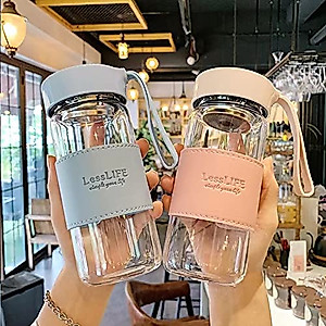 Snminetal Borosilicate Glass Water bottle，Bubble flower tea bottle,With sealing cap and Holsters，Portable Glass Bottle 16oz,Suitable for office, Car, home,as a gift, etc(Pink)