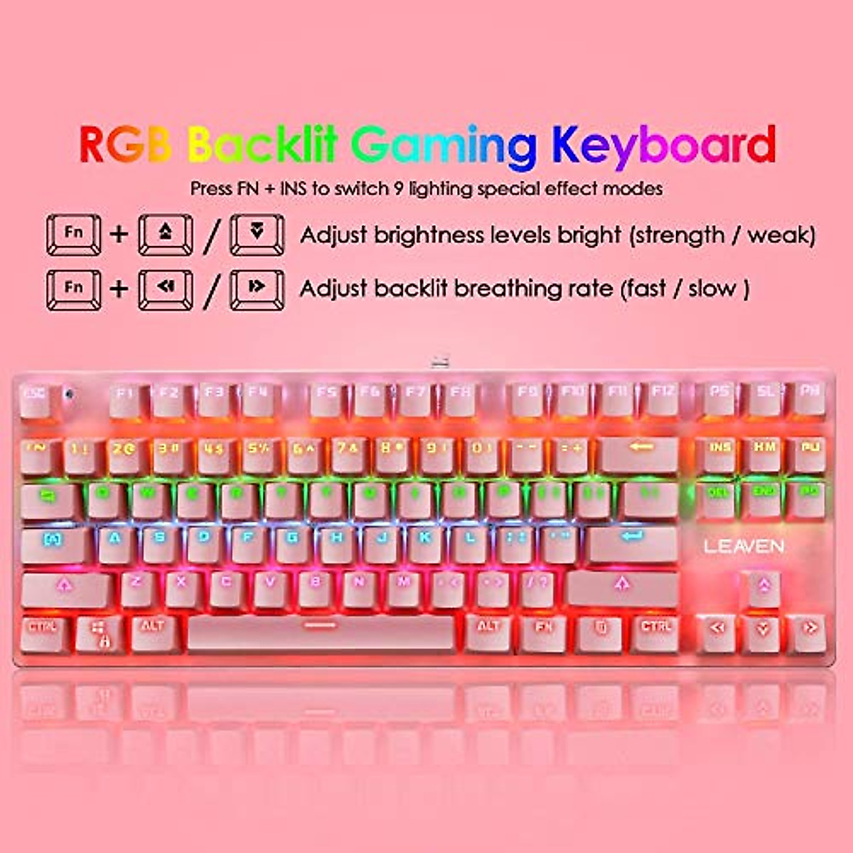 4-in-1 Gaming Keyboard Mouse Combo,87 Keys Rainbow Mechanical Keyboard,RGB 12000 DPI Lightweight Pink Gaming Mouse with Honeycomb Shell,3.5mm Gaming Stereo Headset for PC Laptop Computer