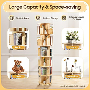 NOPTEG Rotating Bookshelf, 6 Tier Solid Wood 360 Display Floor Standing Bookcase Storage Rack, Free Standing Wood Bookcases for Kids&Adults Multi-Functional Bookshelf Organizer