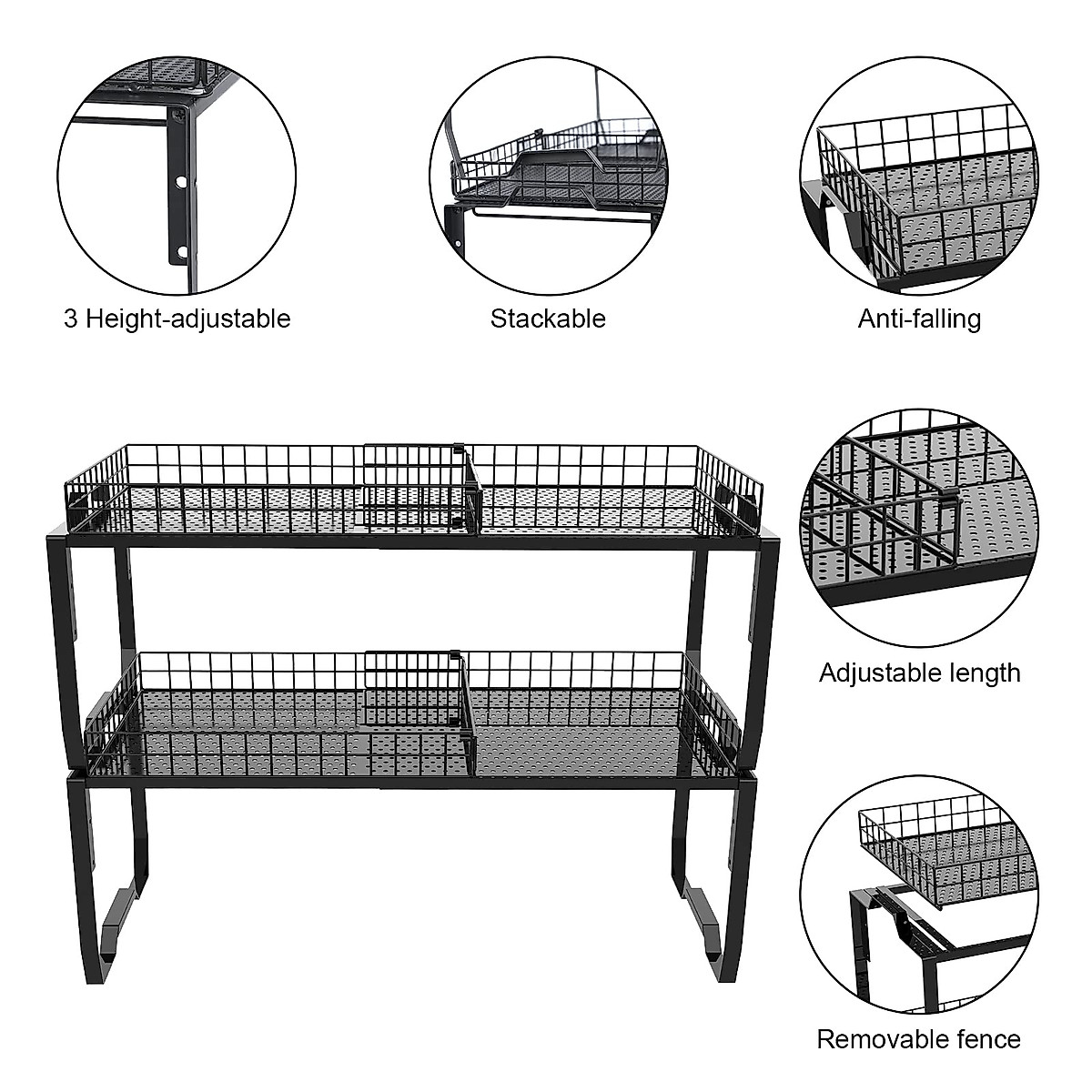 JKsmart Expandable Cabinet Shelf Organizers, Stackable Kitchen Countertop Shelves with Removable Fence, Cupboard Stand Storage Shelves Height and Length Adjustable, 2-tier Spice Rack