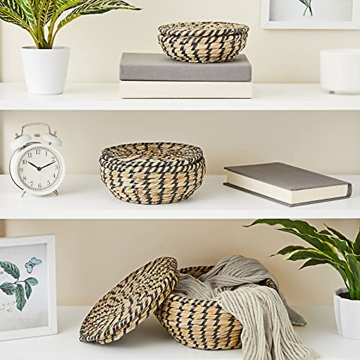 Decorative Seagrass Storage Baskets for Organizing, Round Woven Baskets in 3 Sizes with Lids (3 Piece Set)