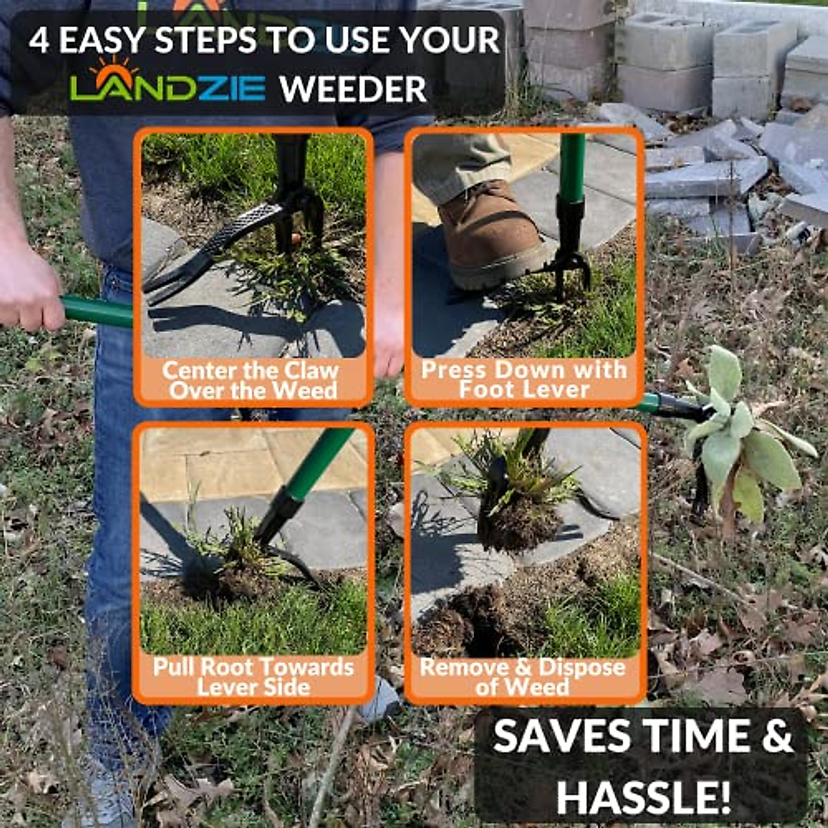 Landzie Weeder - 44 Inch Long Steel Stand Up Manual Weed Remover Tool for Lawn and Garden - Easily Weed Grass Without Bending or Kneeling - 4 Serrated Heavy Duty Claws with Lever for Easy Removal