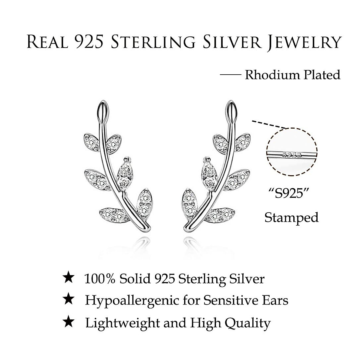 Reffeer Solid 925 Sterling Silver Leaf Crawler Stud Earrings for Women Teen Girls Crystal Leaf Stud Earrings (A-Silver)