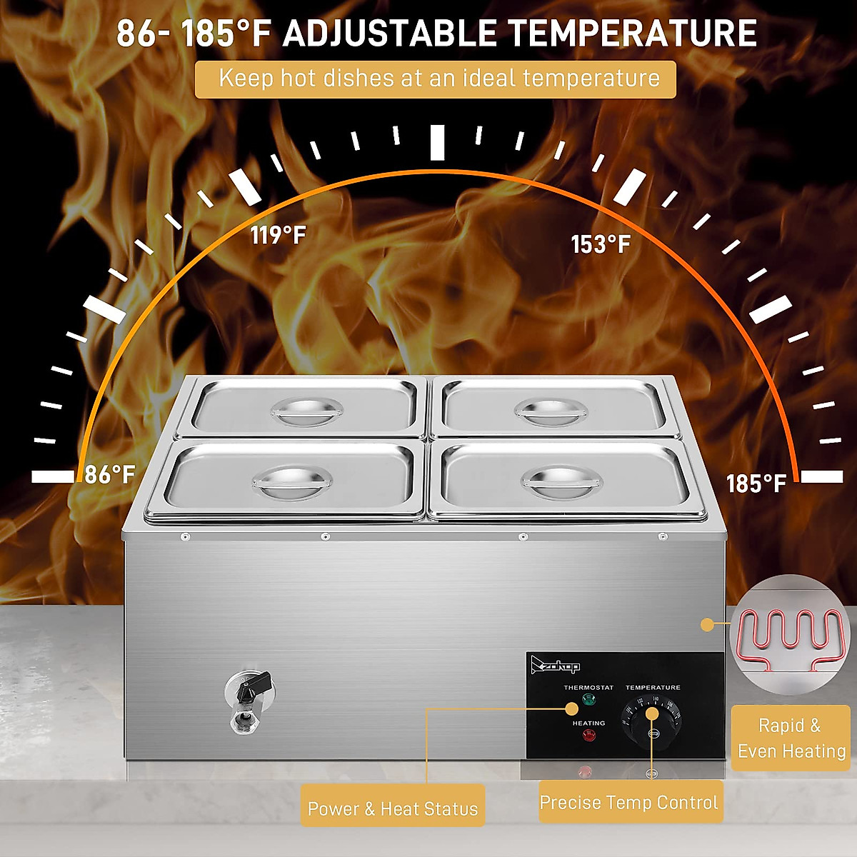 4-Pan 5LCommercial Food Warmer, 21QT Electric Steam Table 6 Inch Deep, 600W Countertop Stainless Steel Food Soup Buffet w/Temperature Control & Lid for Catering, Restaurant, Party ，Silver