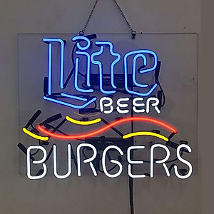 Lite Beer Burgers Beer Neon Signs Real Glass Handcraft For Home Beer Bar Pub Store Restaurant Party Room Wall Window Display Neon Signs 19x15
