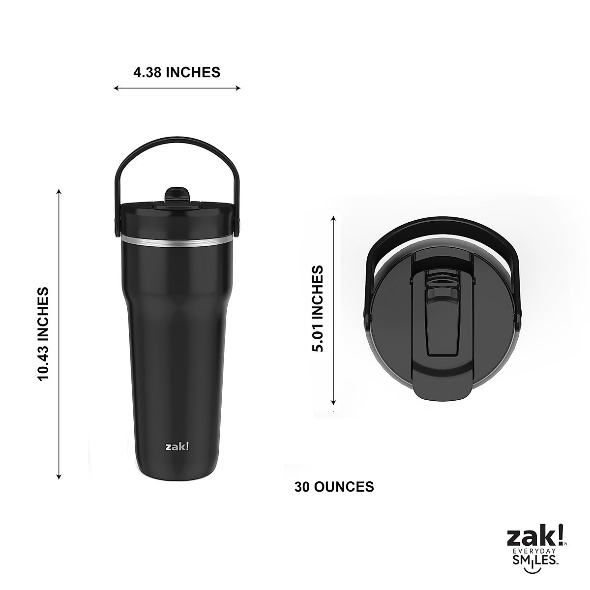 Zak Designs Harmony 2-in-1 Coffee Tumbler for Travel or At Home, 30oz Recycled Stainless Steel is Leak-Proof When Closed and Vacuum Insulated with Handle (Ebony Black)