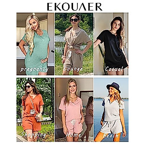 Ekouaer Ribbed Knit Lounge Sets for Women 2 Piece Outfits Short Sleeve Top and Shorts Pajama Sets Tracksuit Sweatsuits Grey