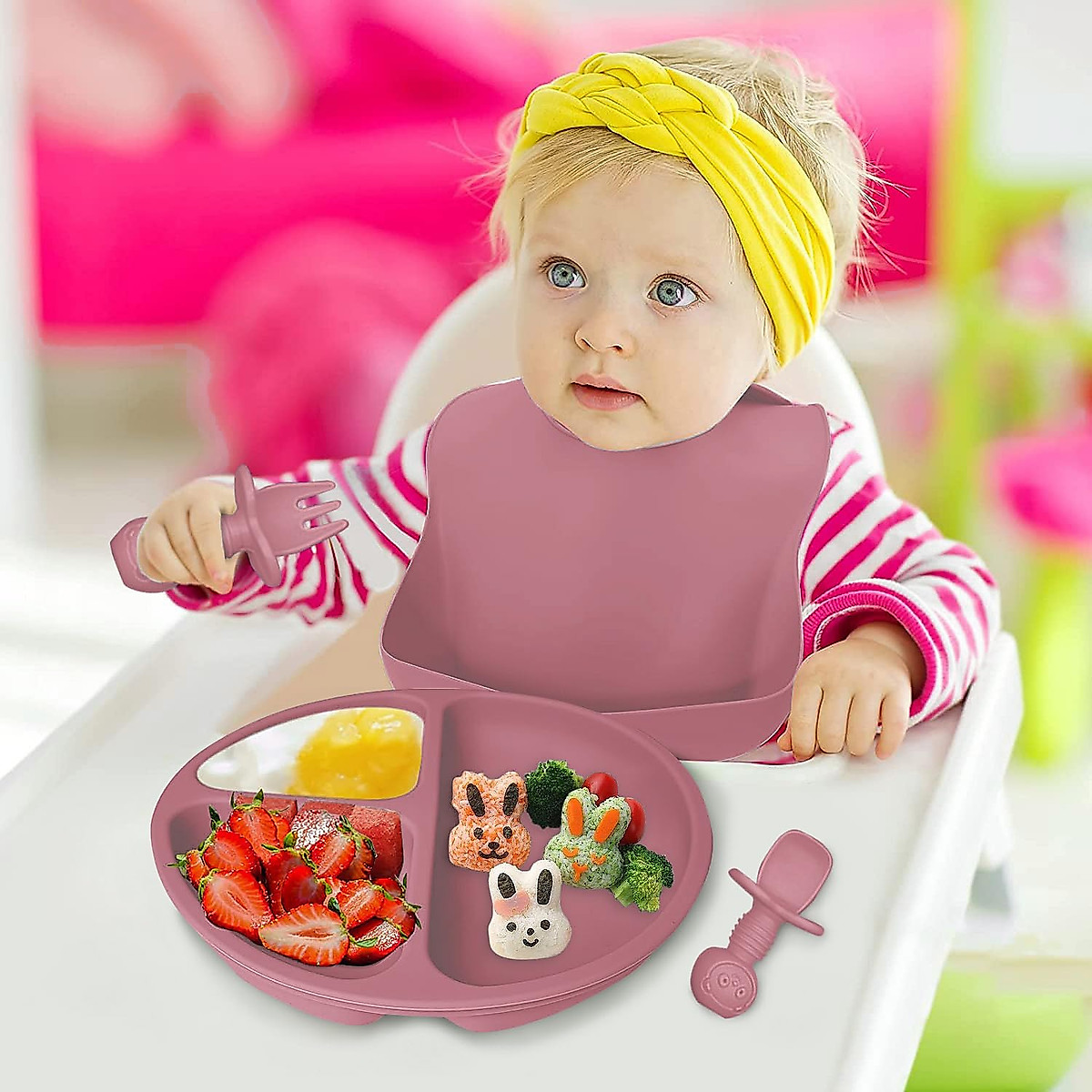 Mrkyy Baby Feeding Set 8 Piece | Baby Led Weaning Utensils Set Includes Suction Bowl and Plate, Baby Spoon and Fork, Sippy Cup with Straw and Lid | Baby Feeding Supplies - Dark Pink