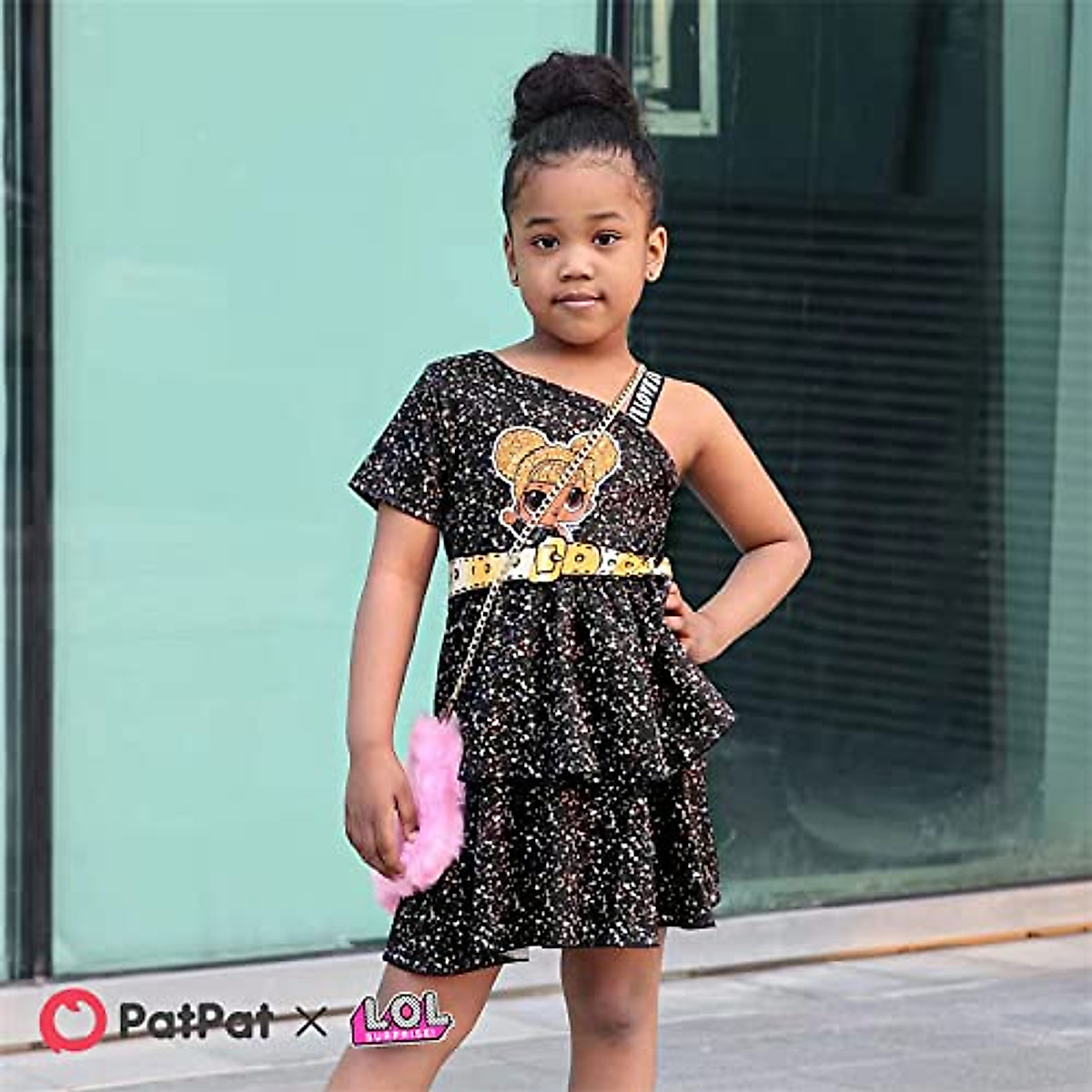 L.O.L. Surprise! Girls Tiered Dress Figure Print Layered One Shoulder Casual Dress Flowy Dress Size 6-12 Black 8-9 Years