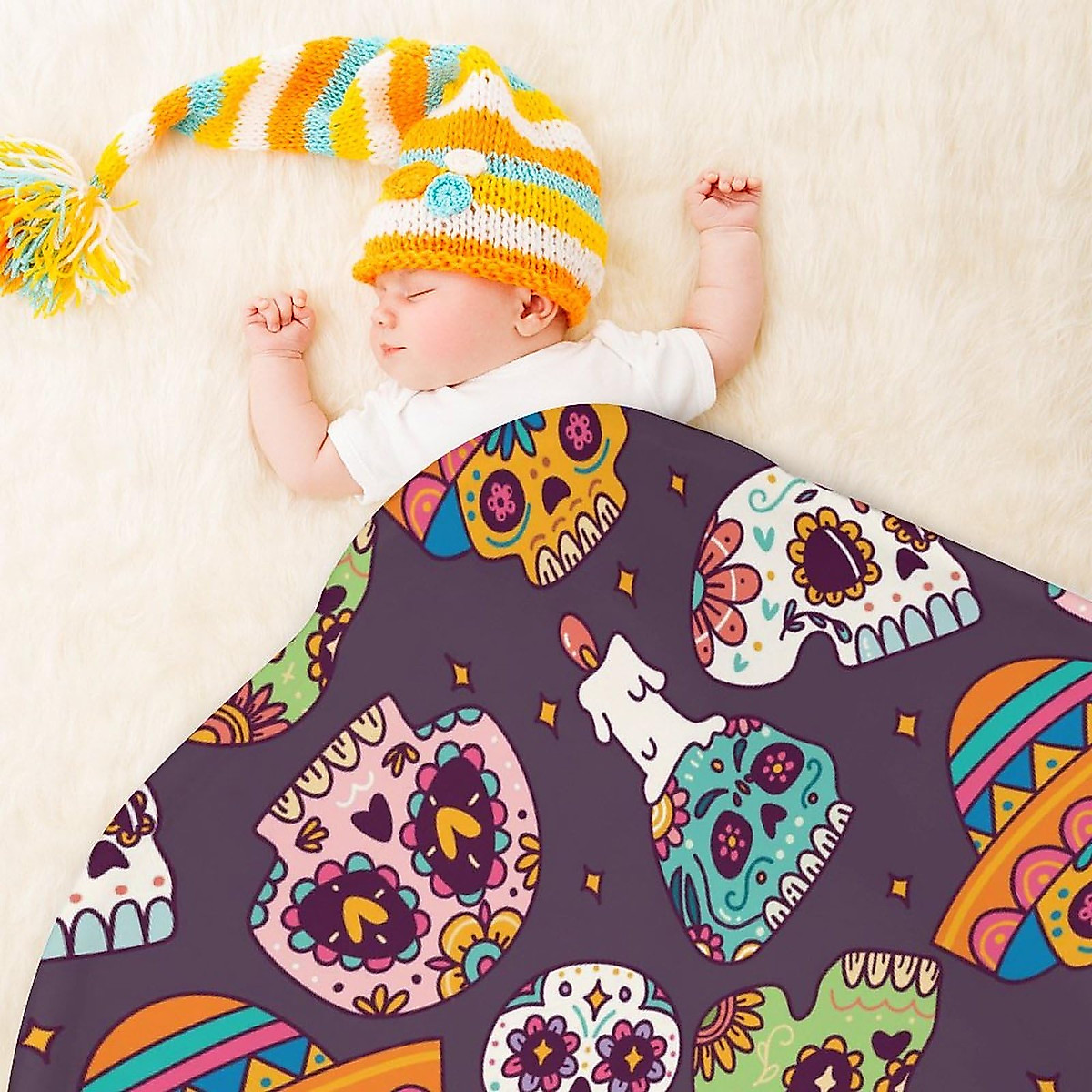LAKIMCT Sugar Skull Round Soft Baby Blankets for Boys Girls, Newborn Blanket for Suitable for Swaddling Sleep Stroller Cover Nursery Blanket, 35 Inch