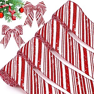 Kosiz 4 Rolls 40 Yards Christmas Wired Edge Ribbons 2.5 Inch Red and White Stripes Ribbon Candy Cane Glitter Ribbons Gift Wrapping Ribbon DIY Craft Ribbons for Xmas Tree Birthday Party Decorations