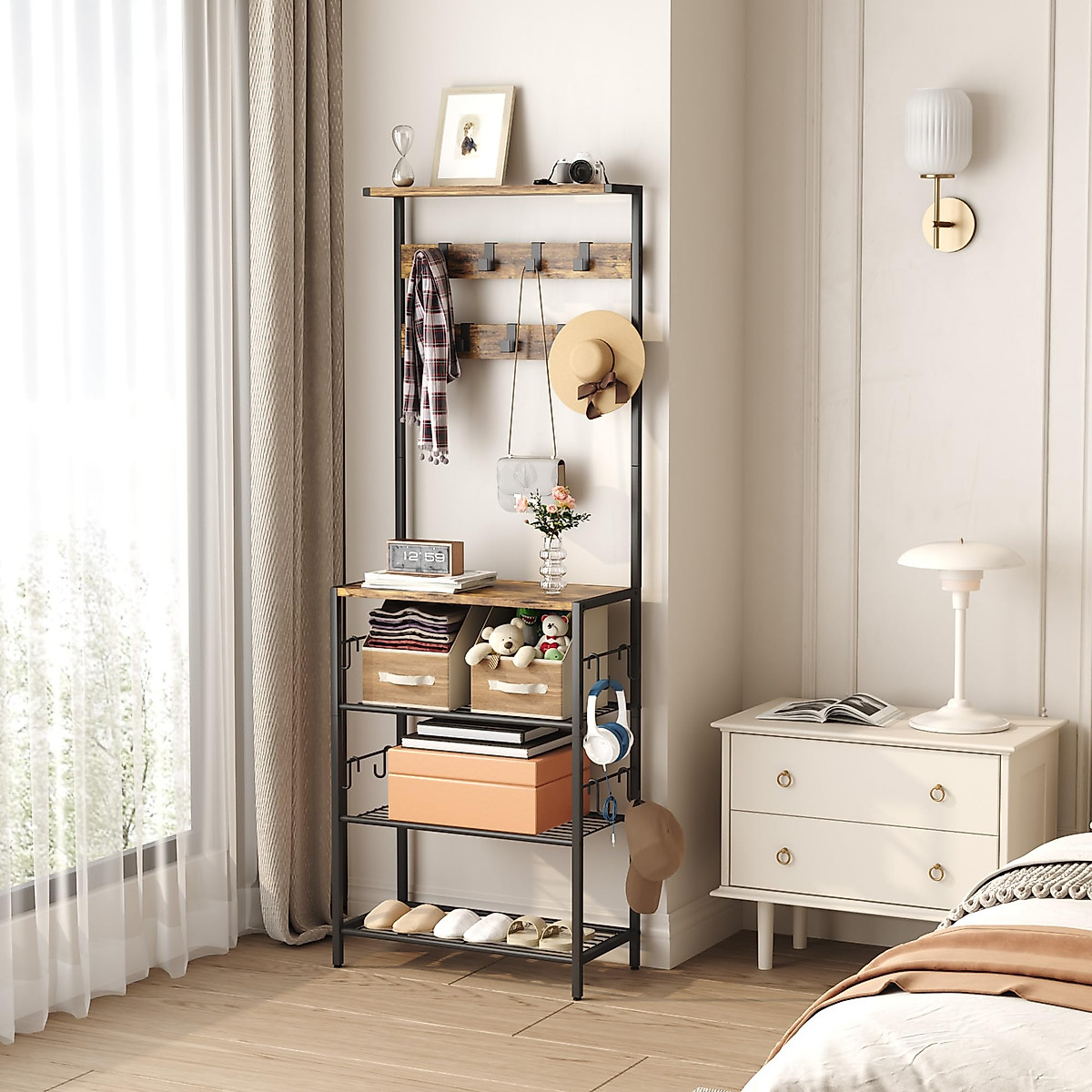 HOMEFORT Coat Rack with Shoe Storage, 5-Tier Shoe and Coat Rack with 9 Clothes Hooks, Freestanding Hall Tree Organizer for Entryway, Bedroom, Rustic Brown