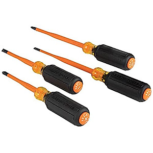 Klein Tools 33734INS 1000V Slim Tip Insulated Screwdriver Set, Phillips, Cabinet, Square Slim-Tip, Cushion Grip Handle, 4-Piece