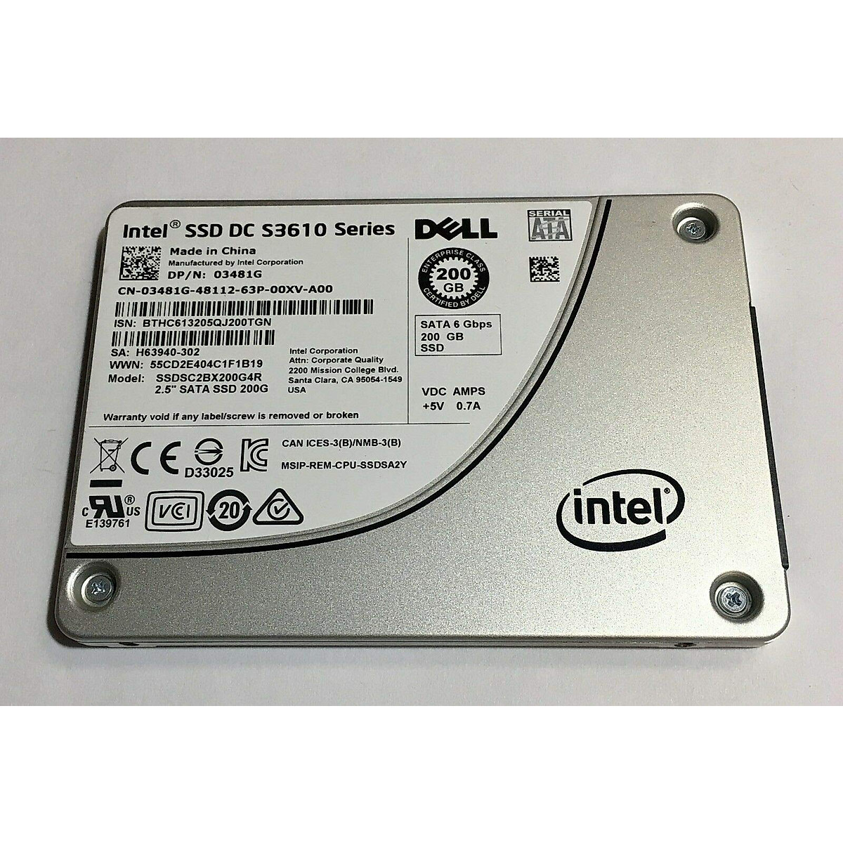 Intel 200GB SSD 2.5" 6Gb/s SATA Solid State Drive Model: SSDSC2BX200G4R DP/N: 3481G