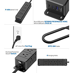 30W USB C Power Strip Surge Protector,Ultra Thin Flat Plug Power Strip 4 Side 12 Outlets,1 PD Fast Charing,2 USB-C, 2 USB-A(4 USB Total 40W),6ft Slim Extension Cord,16 in 1 Desk Power Bar,1200J Black