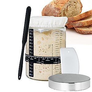 Nolniu Sourdough Starter Jar, 42 oz Large Capacity Sourdough Starter Jar with Date Marked Feeding Band, Sourdough Jar Scraper, Cloth Cover & Metal Lid, Sourdough Starter Kit