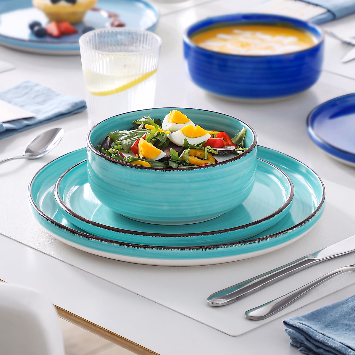 vancasso Bonita Blue Dinnerware Sets, Plates and Bowls Set for 4, 12 Pieces Stoneware Dinnerware Set, Dishwasher and Microwave Safe