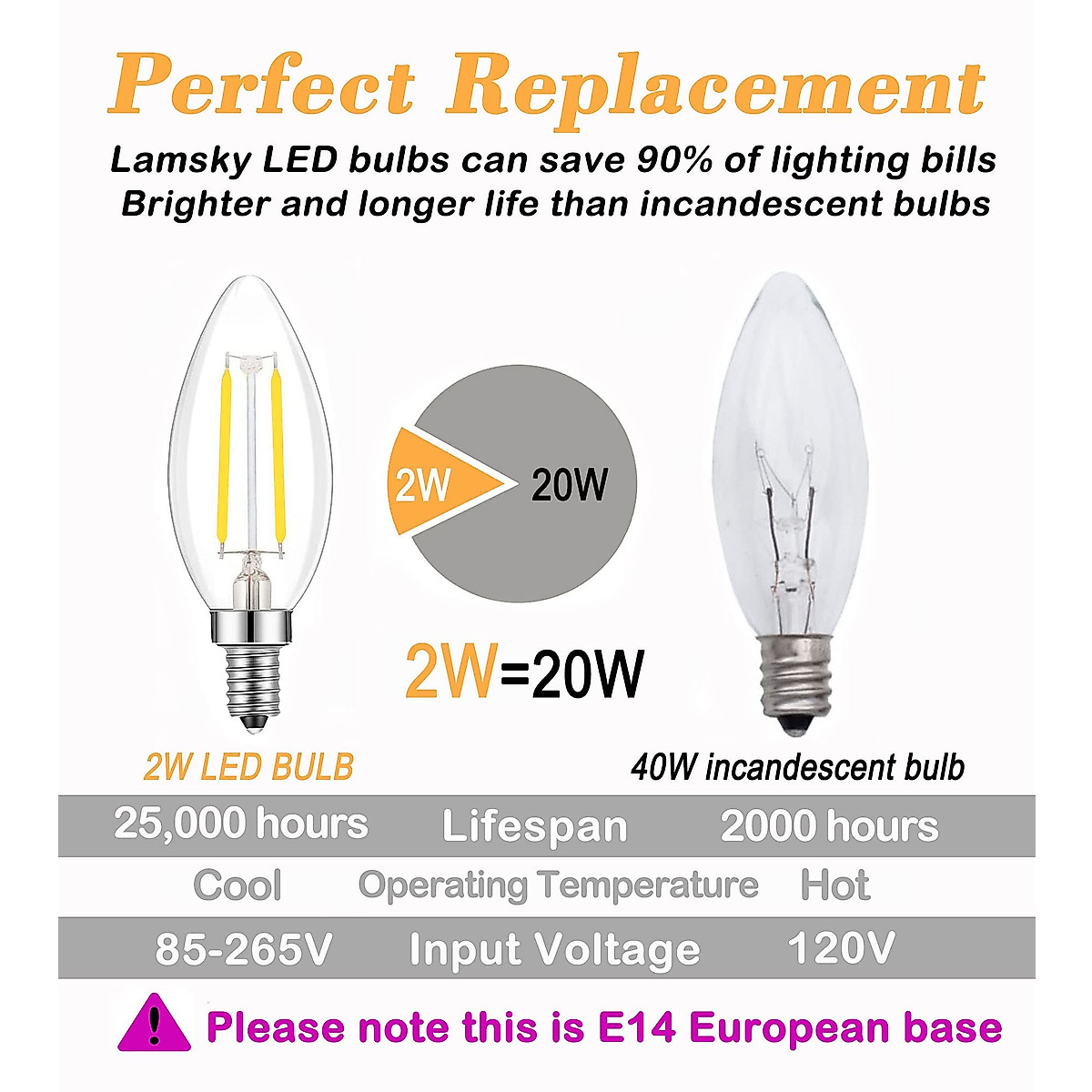 Lamsky E14 LED Filament Candle Shape Light Bulb,E14 European Base Bulb,Daylight 6000K 200LM 20W Equivalent,C35 Clear Glass Torpedo Shape Bullet Top,No-Dimmable (4-Pack)