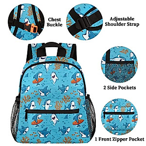 cfpolar Shark Kids Backpack for Boys, Ocean Sea Coral 12 Inches Blue Toddler Backpacks, Preschool Children Backpack Nursery Kindergarten Bookbag with Chest Strap