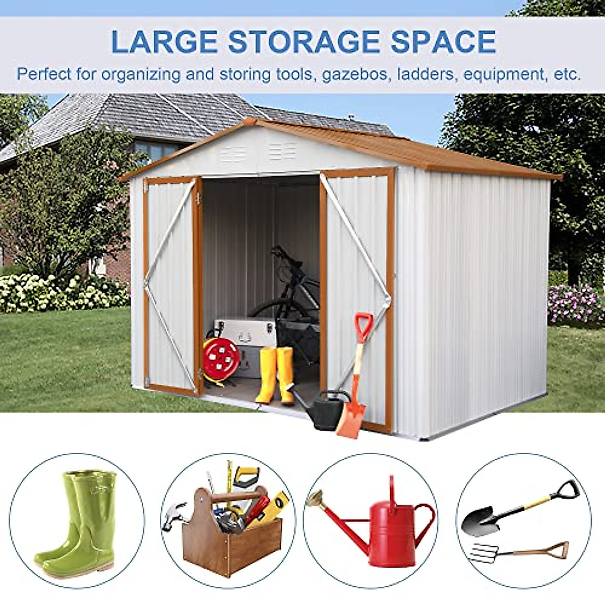 OUYESSIR 8 x 6 Ft Outdoor Storage Shed, Garden Shed with Padlock, Punched Vents and Waterproof Tool Storage Shed for Courtyard, Lawn, Backyard (8 x 6 Ft, White)