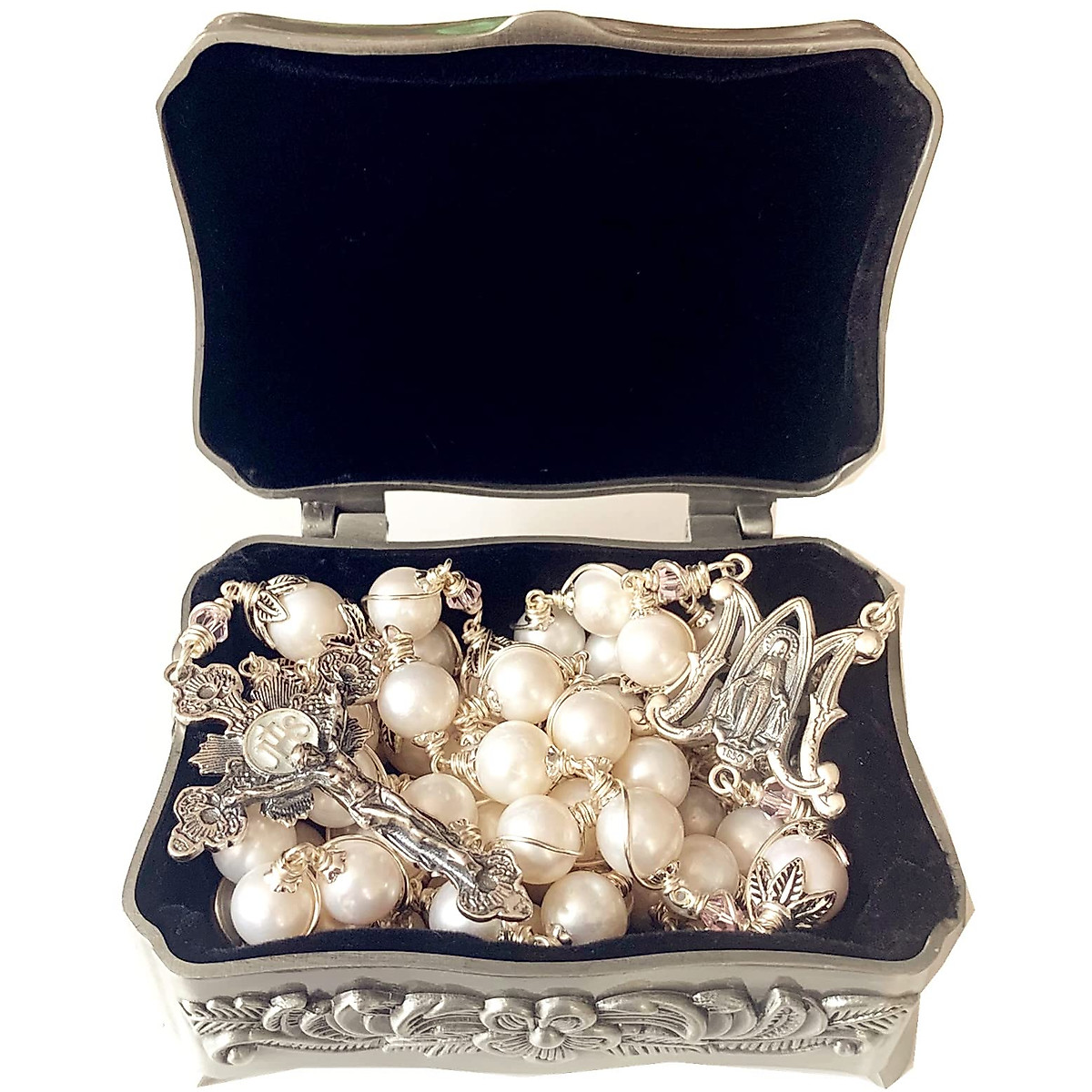 elegantmedical Handmade Sterling Silver White Pearl Beads Catholic Rosary Necklace Cross Crucifix Gift Box
