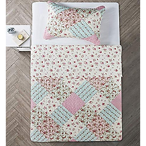 Brilliant Sunshine Pink and Green Rose Patchwork, 2-Piece Quilt Set with 1 Sham, Reversible Bedspread, Soft Lightweight Coverlet, All-Season, Twin, Pink Green