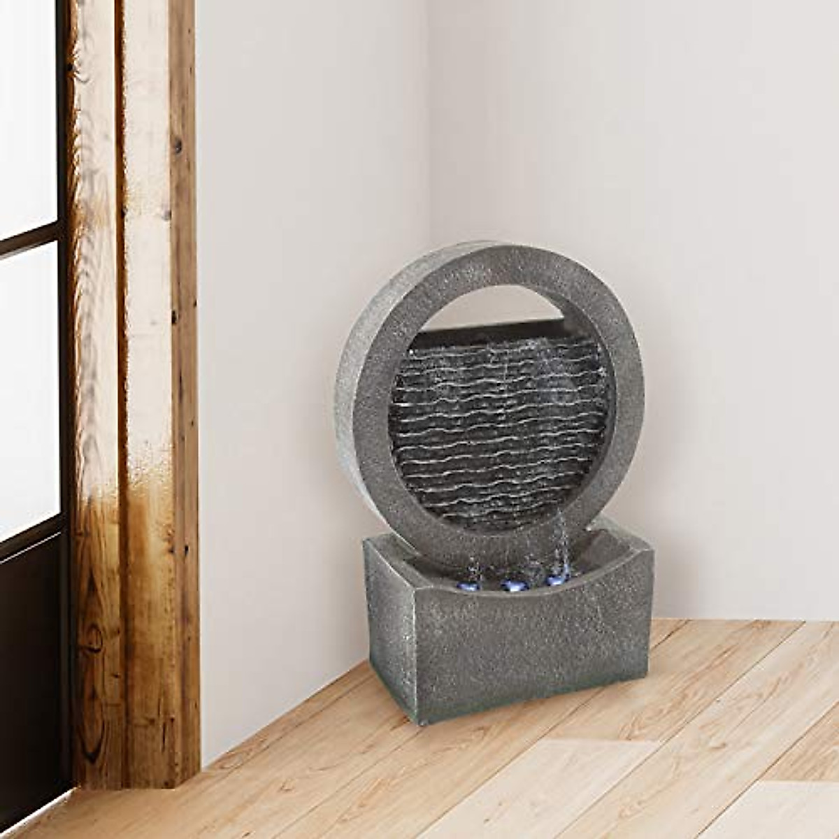 Round Cascade Outdoor Fountain - 18.5-Inch Modern Polyresin Waterfall with Stone Wall Design and LED Lights for Outdoor Decor by Pure Garden (Gray)