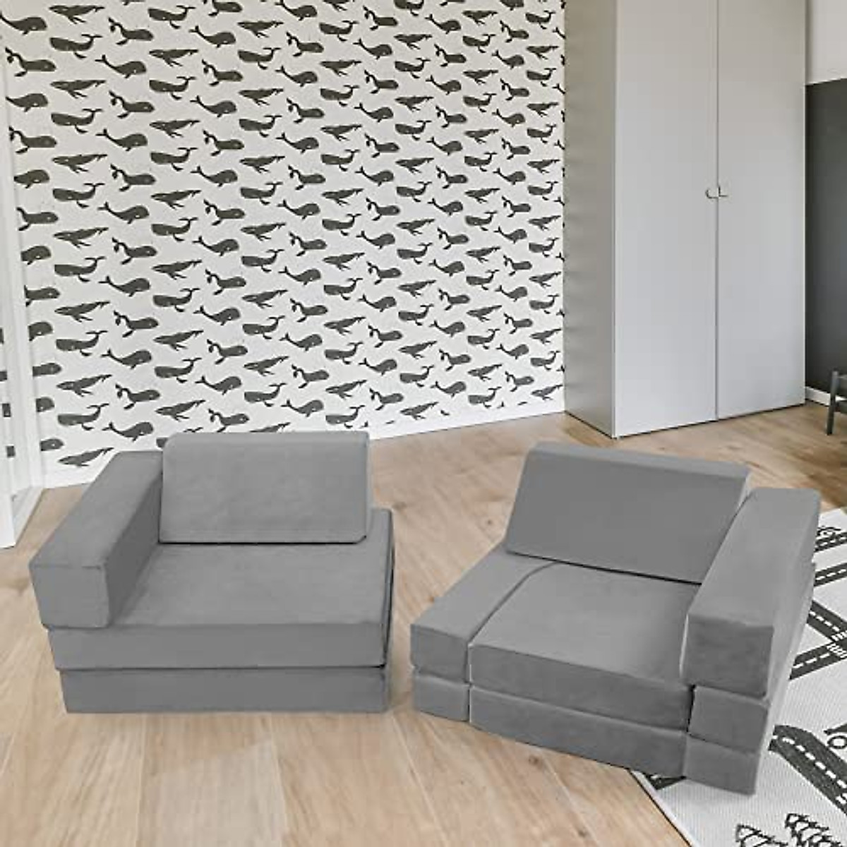 MeMoreCool 10-Piece Kids Couch Sofa, Modular Toddler Couch for Playroom Bedroom, Fold Out Couch Play Couch for Kid Girl Boy, Kids Convertible Sofa Sectional Foam Playset Couch Set, Grey