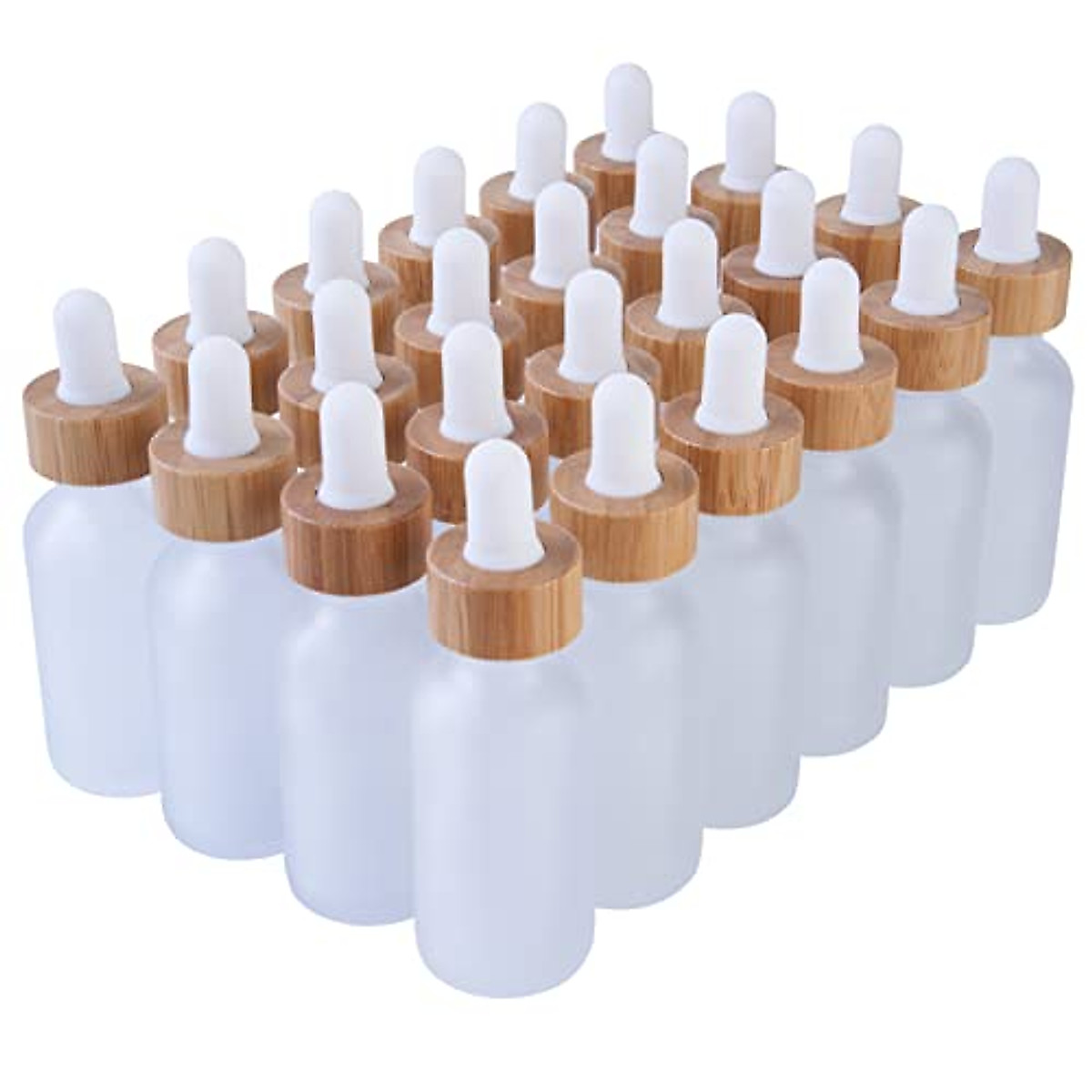 Focus Nutrition 24 Pack Clear Frosted Boston Round Essential Oils Aromatherapy Glass Bottles Jar With White Bamboo eye dropper cap, 1oz