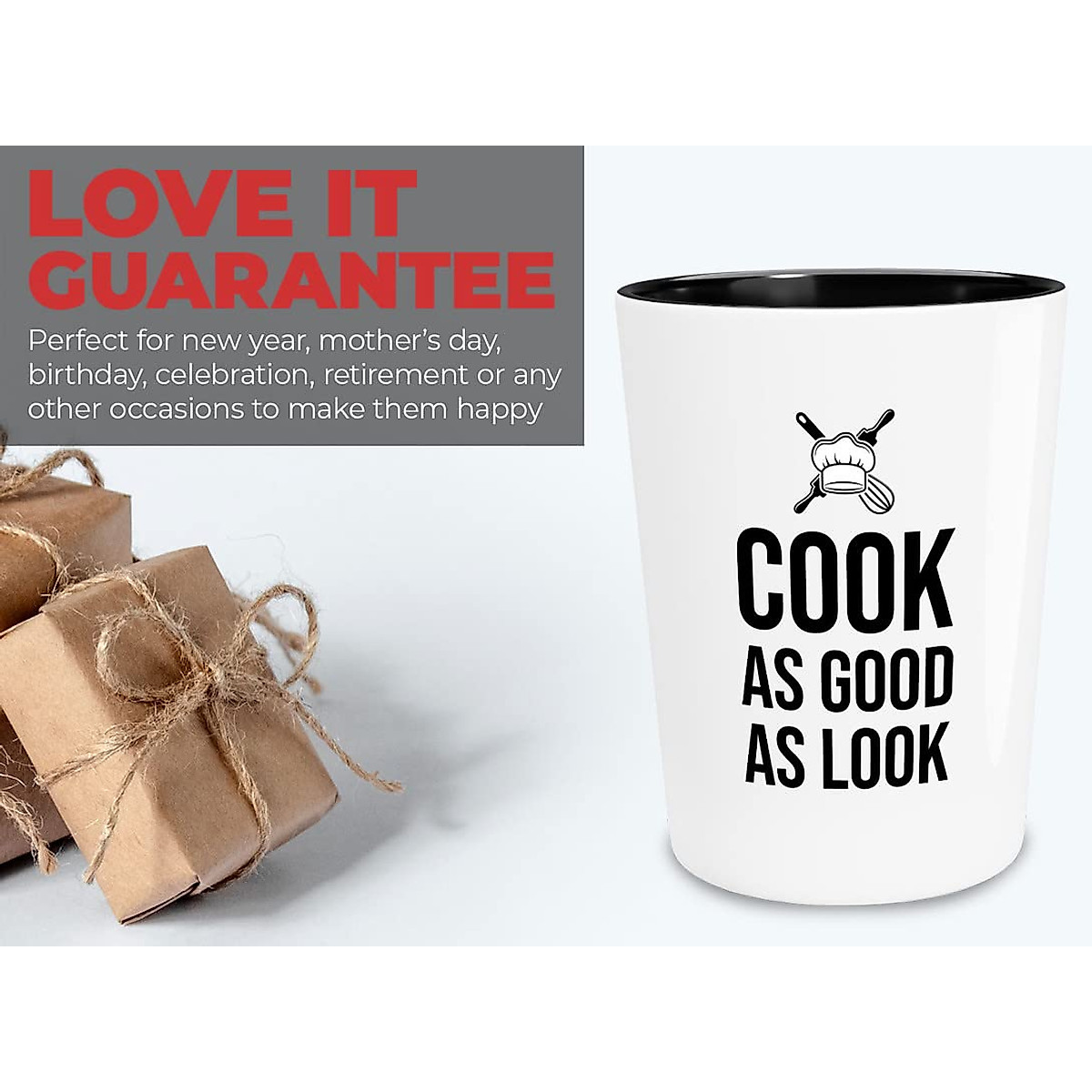 Flairy Land Chef Shot Glass 1.5oz - Cook as good as look - Food Lovers Foodies Dough Baking Funny Bread Cookie Cupcake Bakery Kitchen Mom Chef Dad