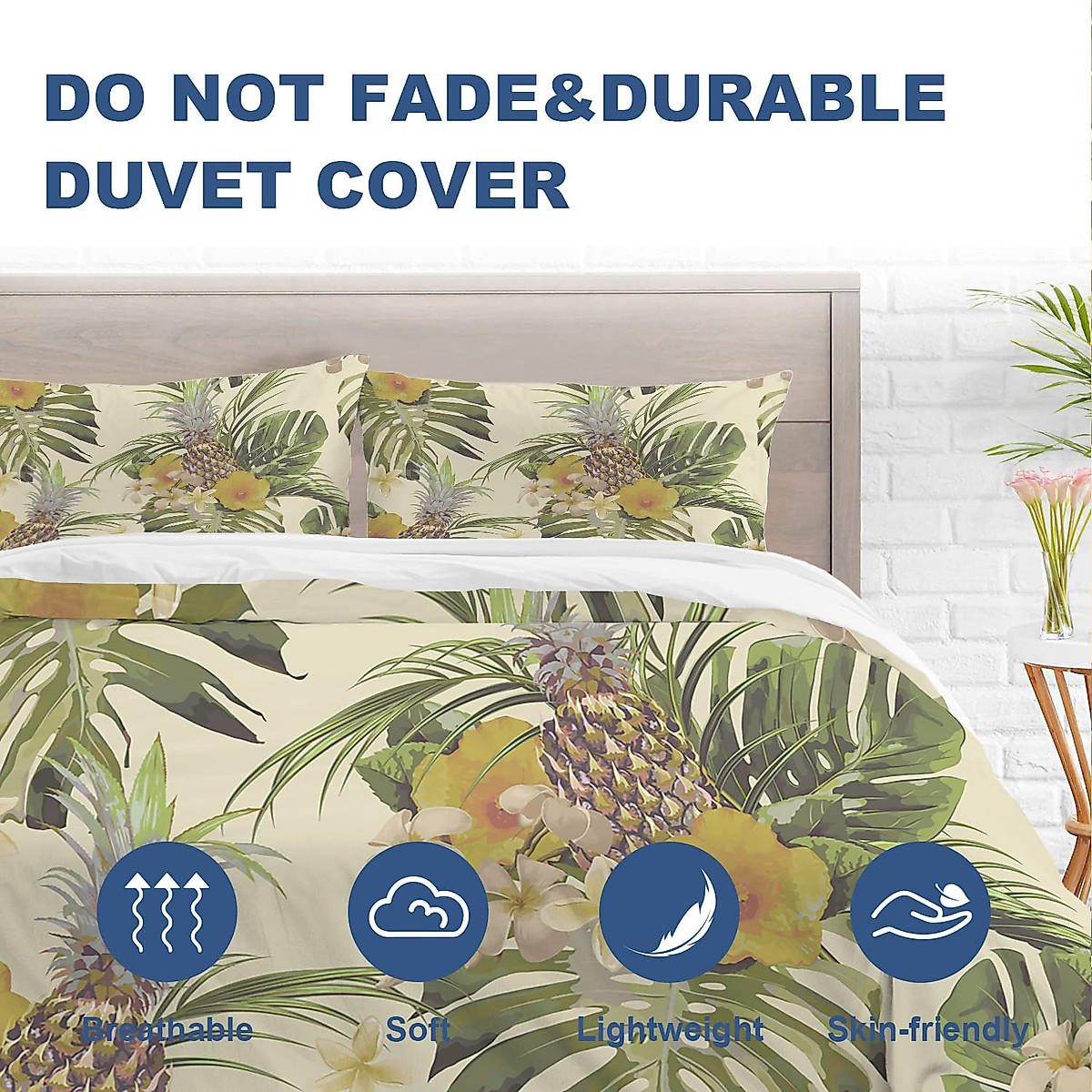 Batmerry Beige Tropical Palm King Size 3 Pieces Bedding Comforter Cover Sets,Soft Fluffy Green Leaves Pattern Printed Duvet Cover for All Season