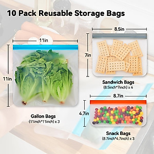 Leetaltree Reusable Food Storage Bags, 10 Pack Dishwasher Freezer Safe PEVA Bags, Leak Proof & Airtight Reusable Freezer Bags for Food Storage and Home Organization