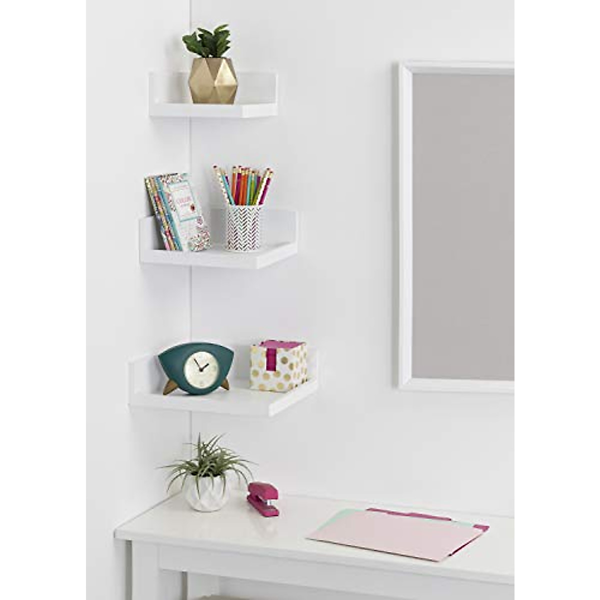Kate and Laurel Levie Corner Shelves, Set of 3, White, Contemporary Floating Corner Wall Shelf in Multiple Sizes